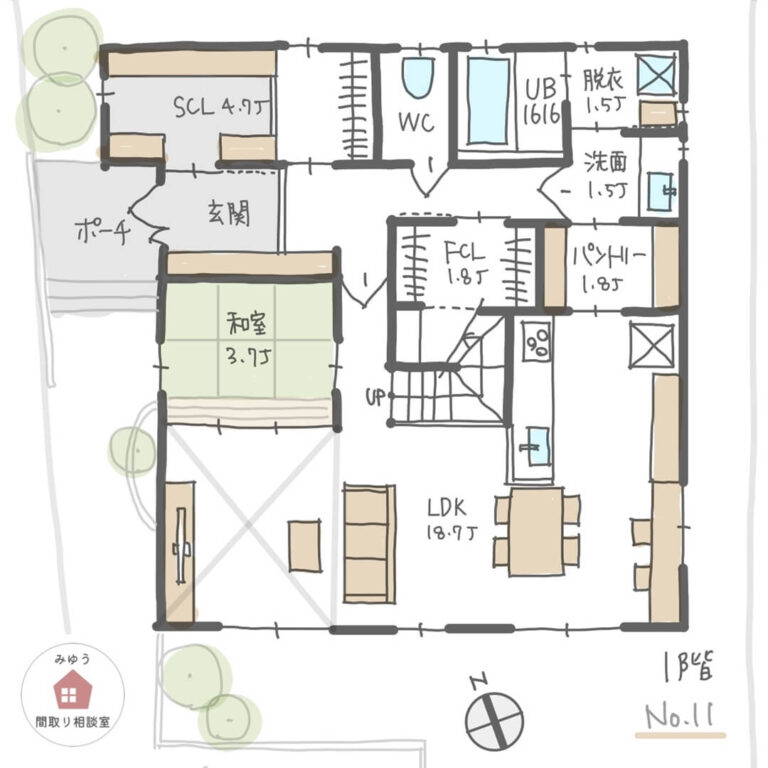吹抜けリビングのある、家事ラク回遊動線の間取り【42坪4LDK2階建】No.11 | みゆう間取り相談室