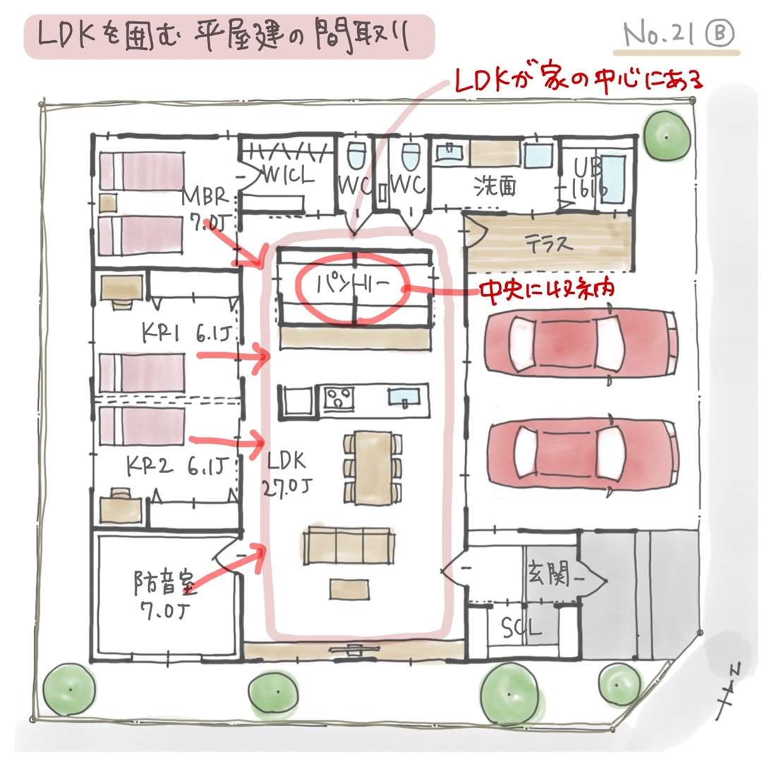 LDKが家の中心にあり、回遊できる平屋建の間取り【38坪4LDK平屋建】No.21B | みゆう間取り相談室