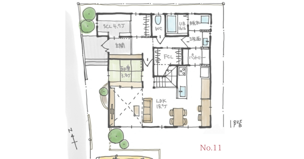 吹抜けリビングのある、家事ラク回遊動線の間取り【42坪4LDK2階建】No.11 | みゆう間取り相談室
