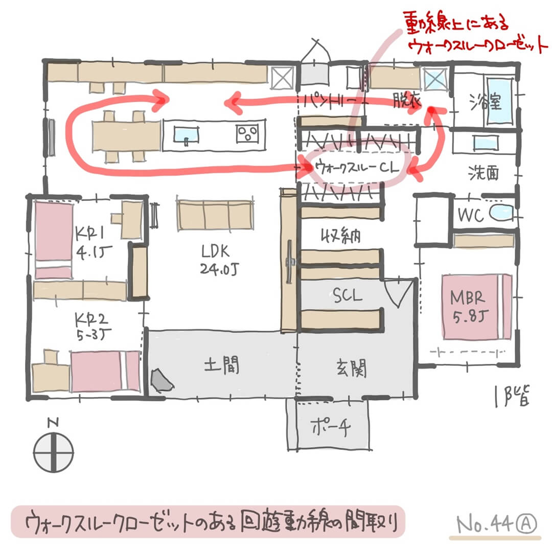 ウォークスルークローゼットのある回遊動線・平屋建の間取り【35坪3LDK平屋建】No.44A | みゆう間取り相談室