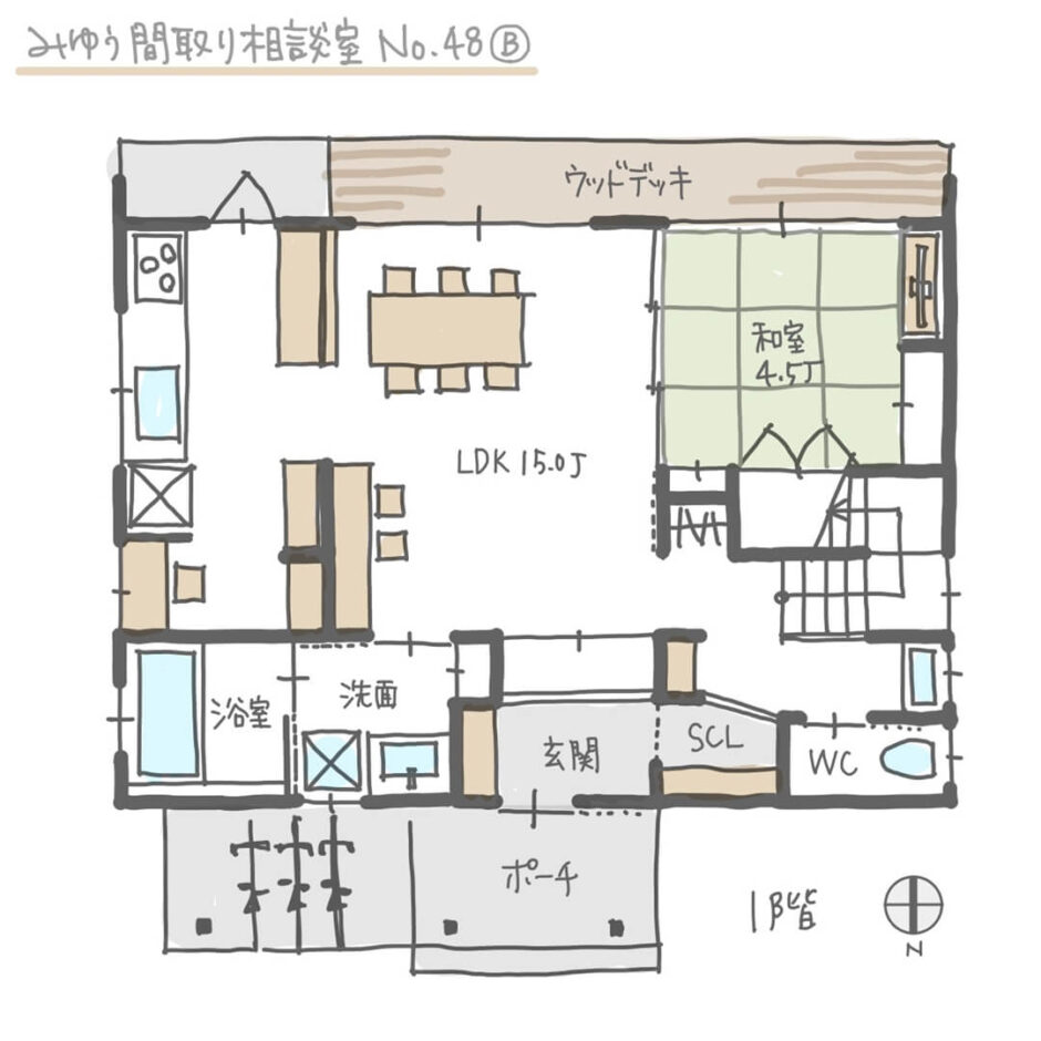 庭に繋がるLDKと和室、ウッドデッキのある間取り【35坪5LDK2階建】No.48B | みゆう間取り相談室