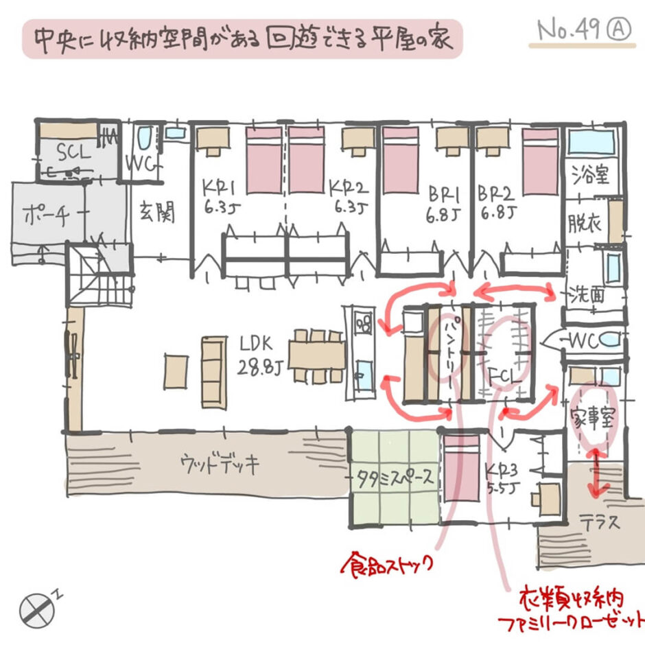 家の中央に収納空間がある回遊動線の平屋建の間取り【51坪5LDK平屋建】No.49A | 家事動線の良い間取りをつくる「みゆう間取り相談室」