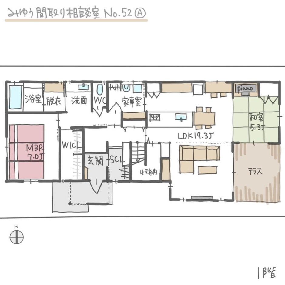 1階に主寝室があるほぼ平屋建の間取り【37坪4LDK2階建】No.52A | みゆう間取り相談室