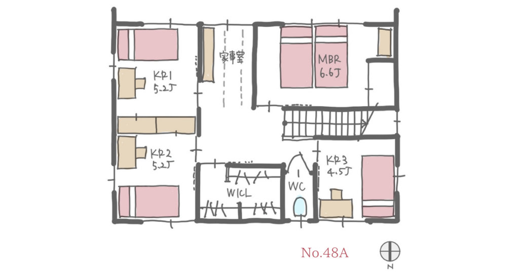 子どもの様子が見える家事室のある間取り【35坪5LDK2階建】No.48A | みゆう間取り相談室