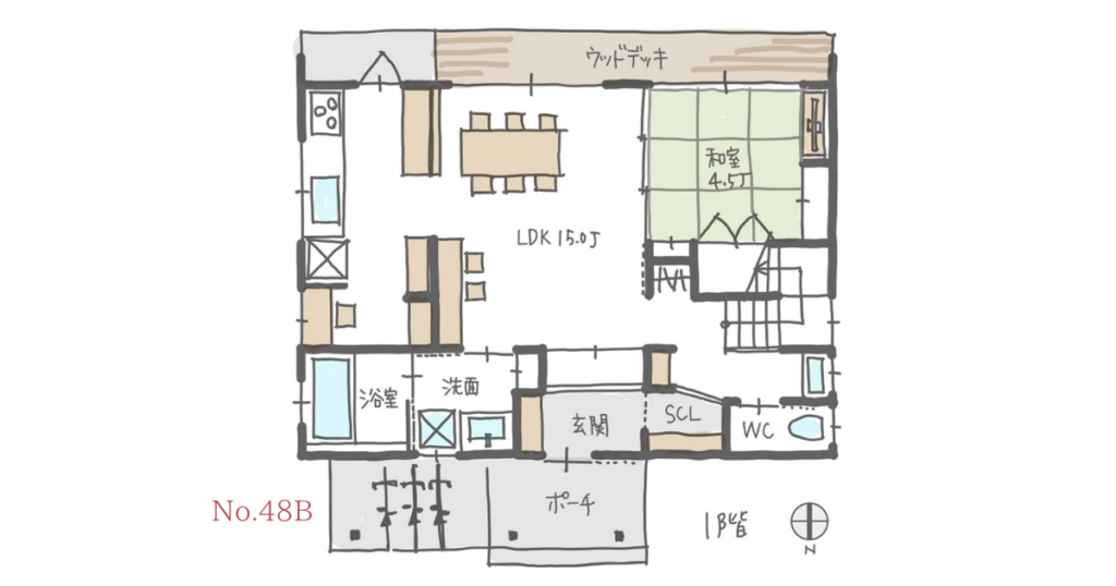 庭に繋がるLDKと和室、ウッドデッキのある間取り【35坪5LDK2階建】No.48B | みゆう間取り相談室