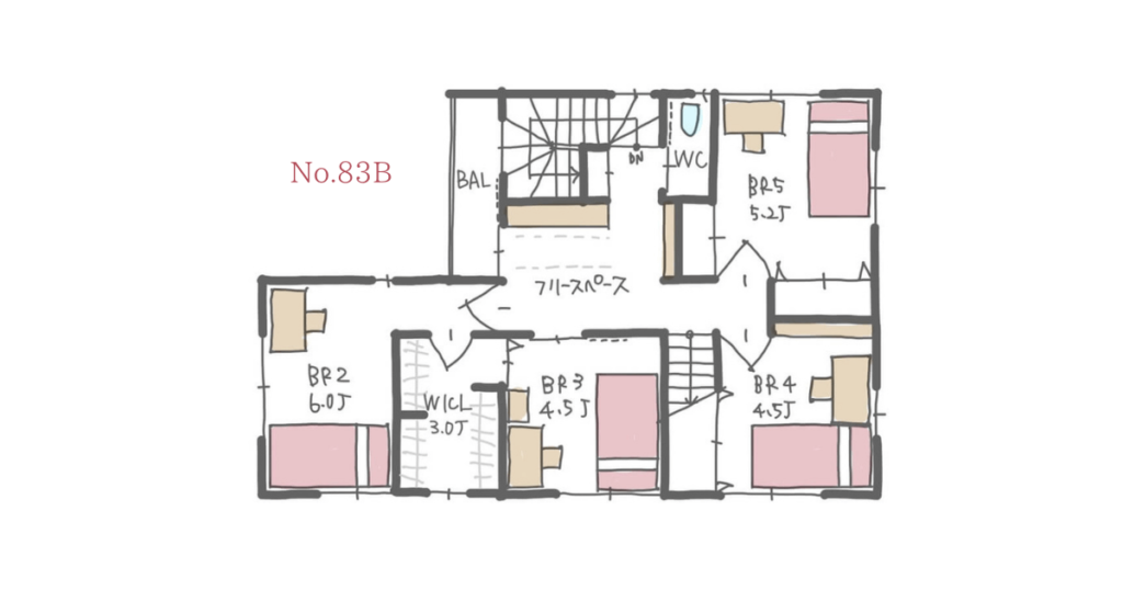 プライバシーを守りやすい、音を気にせずに済む個室配置の間取り【35坪5LDK2階建】No.83B | みゆう間取り相談室