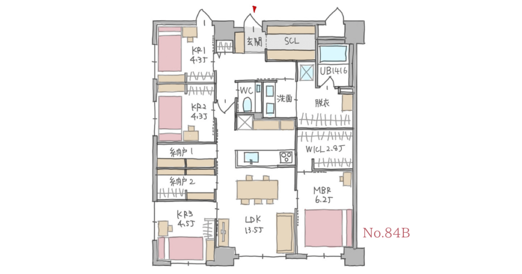 4室の個室を設け、収納を充実させたマンションリノベーションの間取り【27坪4LDK】No.84B | みゆう間取り相談室