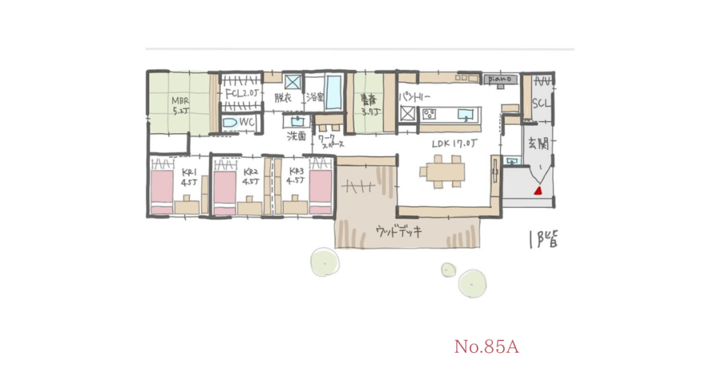 東西に細長くウッドデッキのある平屋間取り【30坪4LDK平屋建】No.85A | みゆう間取り相談室