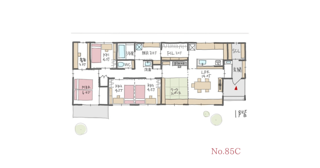 LDK横に小上がりの畳スペースとファミクロがある平屋間取り【32坪4LDK平屋建】No.85C | みゆう間取り相談室