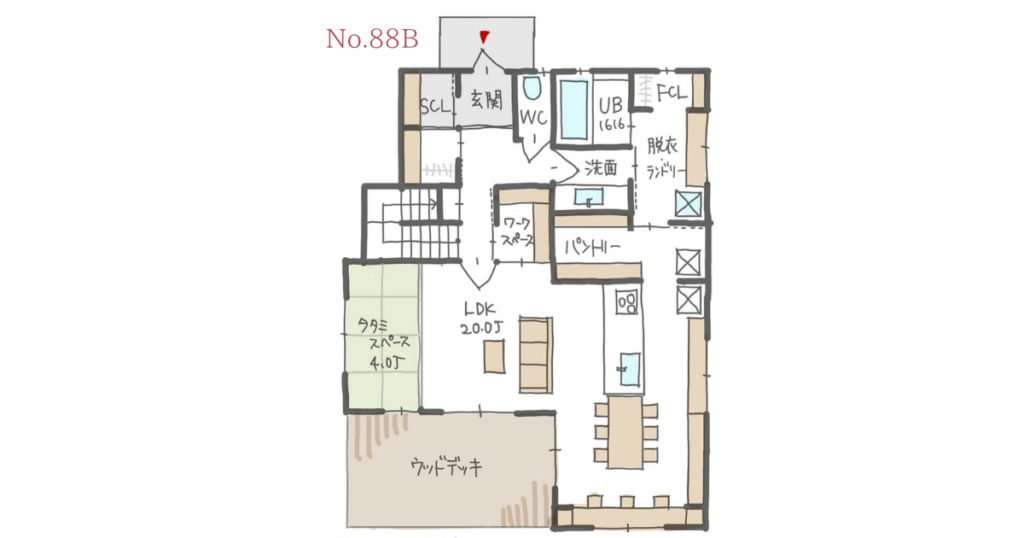 キッチンからパントリー、ランドリールーム、ファミクロにつながる間取り【36坪3LDK2階建】No.88B | みゆう間取り相談室