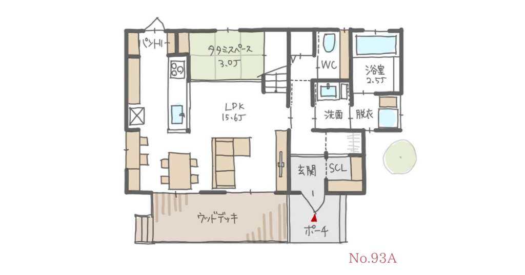 洗濯物を干す室内干しスペースとバルコニーが隣合う間取り【32坪3LDK2階建】No.93A | みゆう間取り相談室