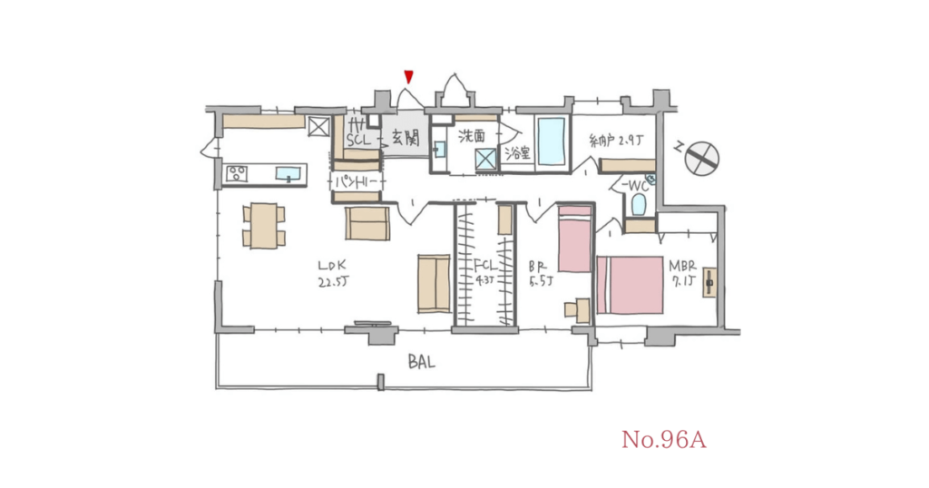 家族全員分の衣類を収納できるファミリークローゼットを設けたマンションリノベ間取り【28坪2LDK】No.96A | みゆう間取り相談室