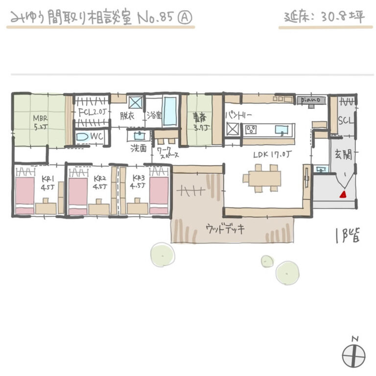 東西に細長くウッドデッキのある平屋間取り【30坪4LDK平屋建】No.85A | みゆう間取り相談室