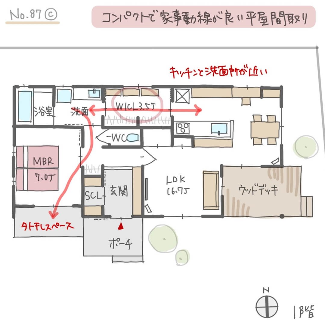 眺めの良いLDKとウッドデッキがある夫婦二人の家の平屋間取り【19坪1LDK平屋建】No.87C | みゆう間取り相談室