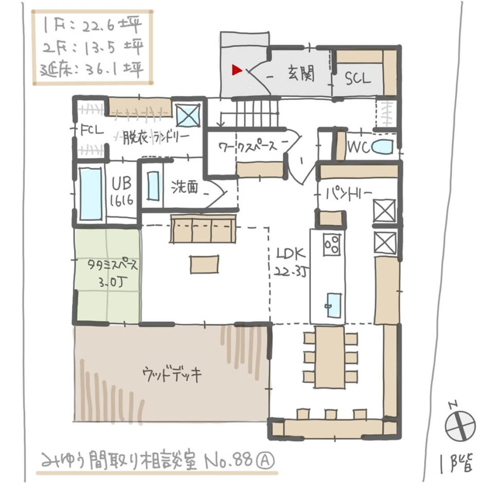 景色の良いウッドデッキとLDKが隣り合い、家族が広々と過ごせる家の間取り【36坪3LDK2階建】No.88A | みゆう間取り相談室