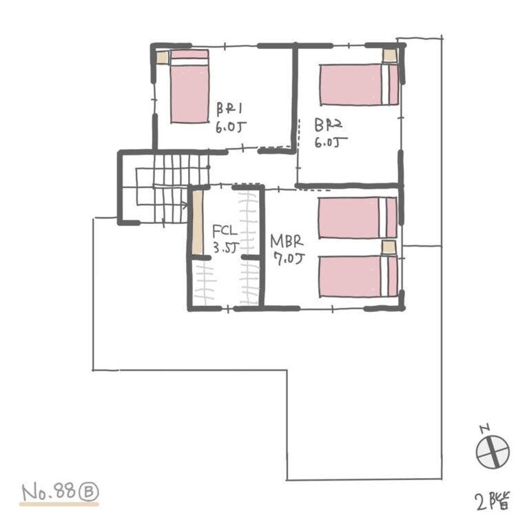 キッチンからパントリー、ランドリールーム、ファミクロにつながる間取り【36坪3LDK2階建】No.88B | みゆう間取り相談室
