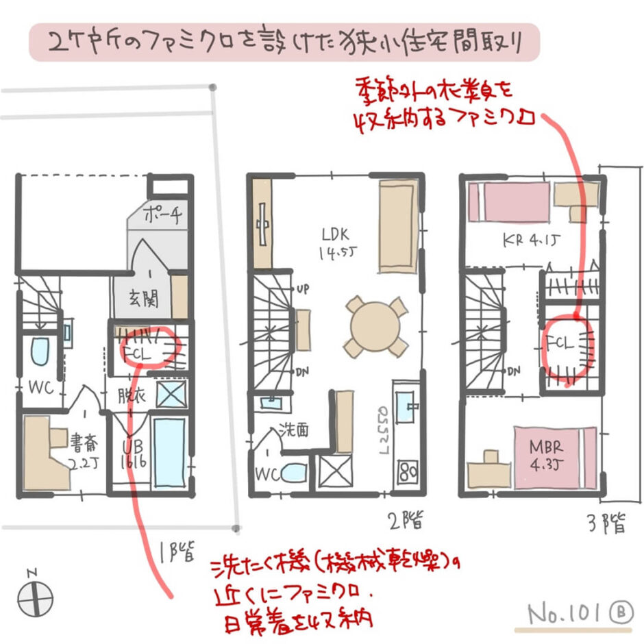 狭小住宅でもファミリークローゼットを2か所設けて洗濯動線を良くした間取り【21坪2LDK3階建】No.101B | みゆう間取り相談室