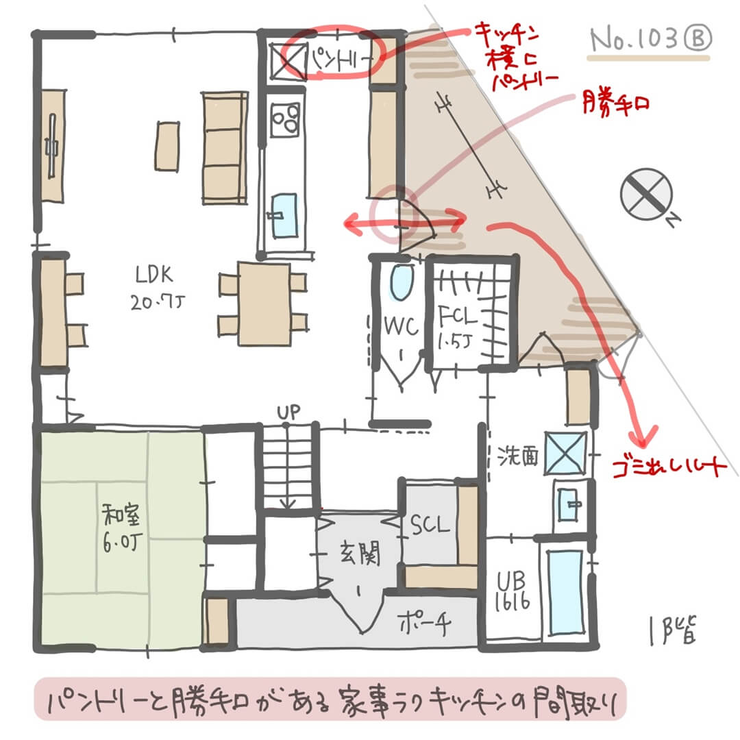 1階洗面所横にファミリークローゼットと外干しスペースがある間取り【37坪5LDK2階建】No.103B | みゆう間取り相談室
