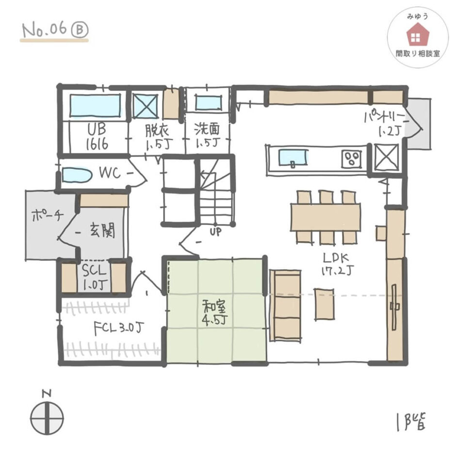 洗面脱衣別で広めファミリークローゼットが1階にある総二階回遊動線間取り【36坪5LDK2階建】No.06B | みゆう間取り相談室