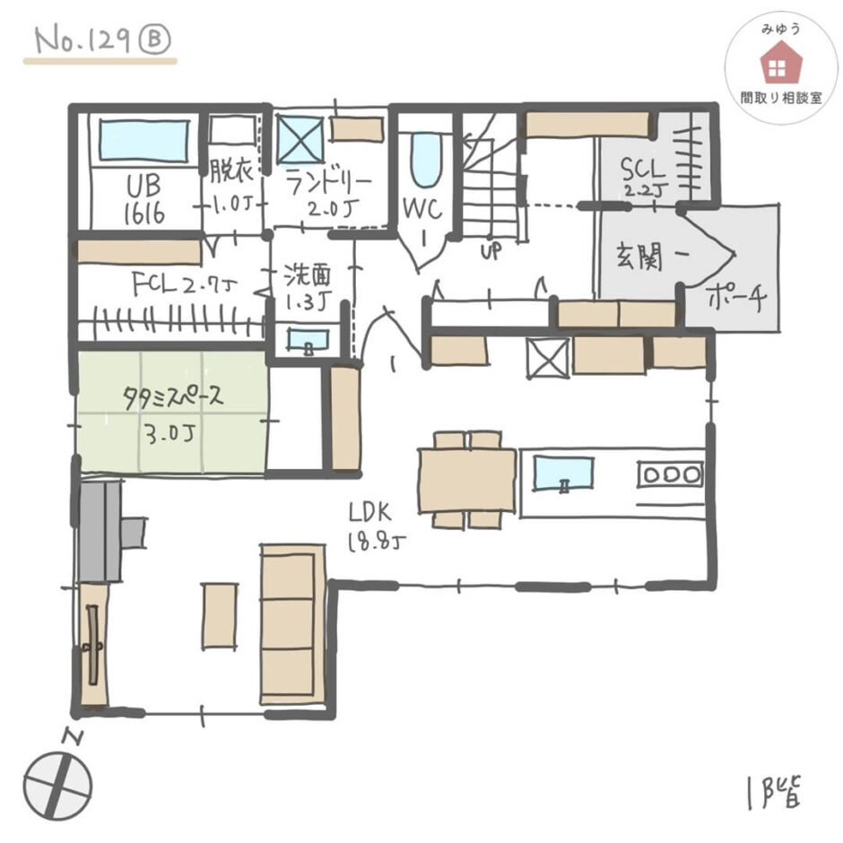 洗面・脱衣・ランドリー・ファミクロが近接する水回り回遊動線間取り【35坪4LDK2階建】No.129B | みゆう間取り相談室