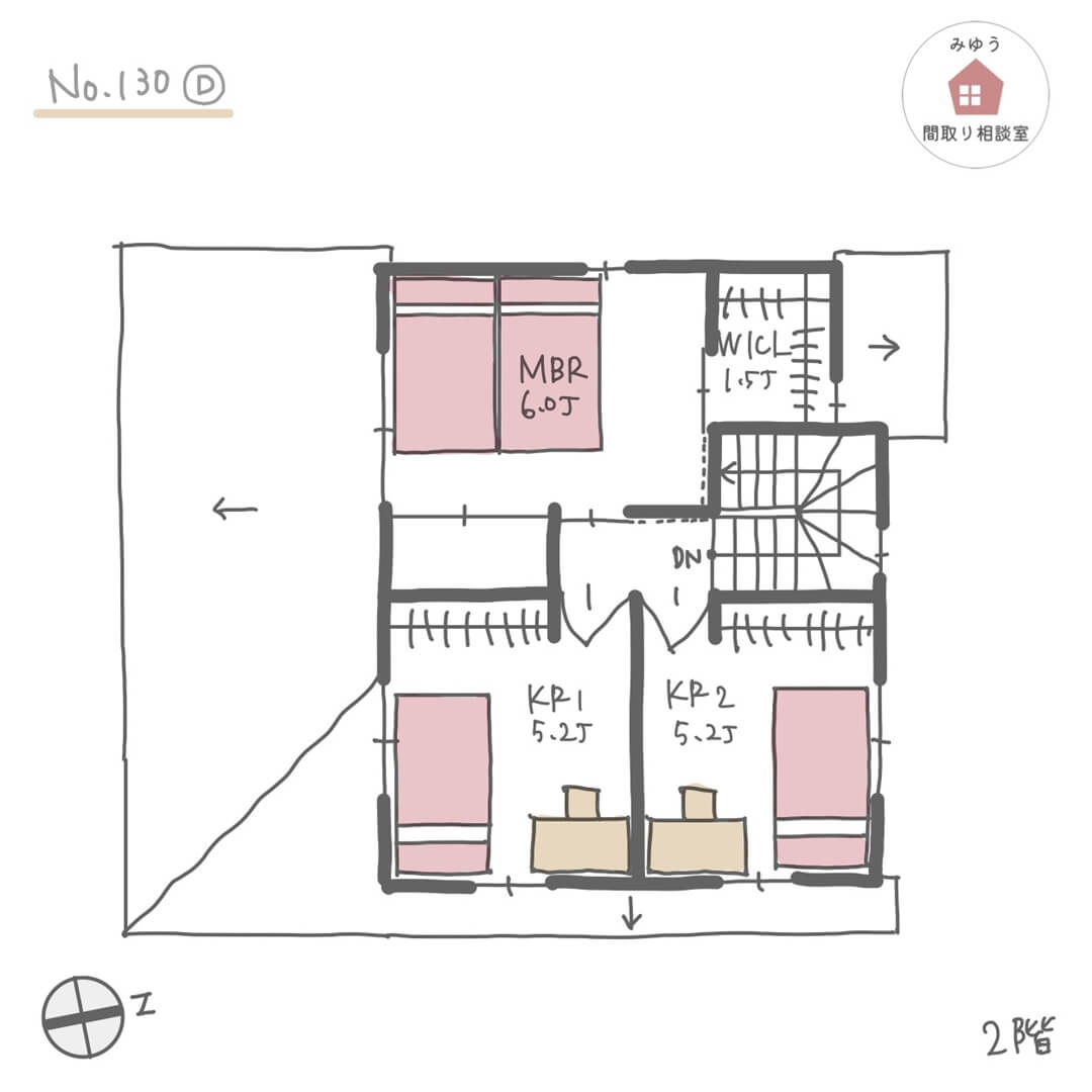 直線配置のLDK横にキッズスペースがある、家族の様子が見やすい間取り【28坪3LDK2階建】No.130D | みゆう間取り相談室