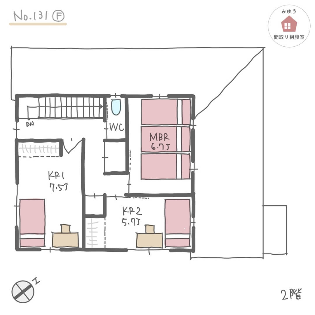 玄関から、キッチンから、リビングから水回りに入れる水回り回遊動線間取り【38坪3LDK2階建】No.131F | みゆう間取り相談室
