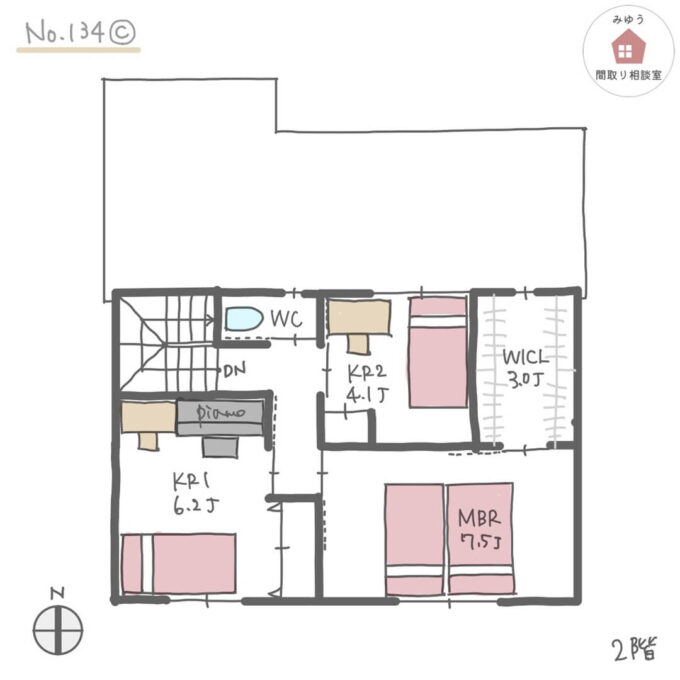 広め脱衣室の隣に日常着用のファミリークローゼットがある間取り【33坪4LDK2階建】No.134C | みゆう間取り相談室