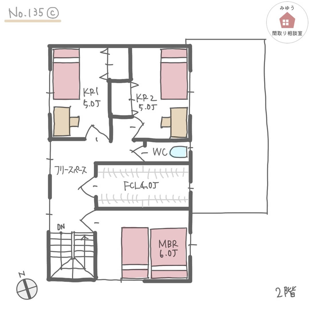 和室からもリビングからも出られるウッドデッキがある間取り【34坪4LDK2階建】No.135C | みゆう間取り相談室
