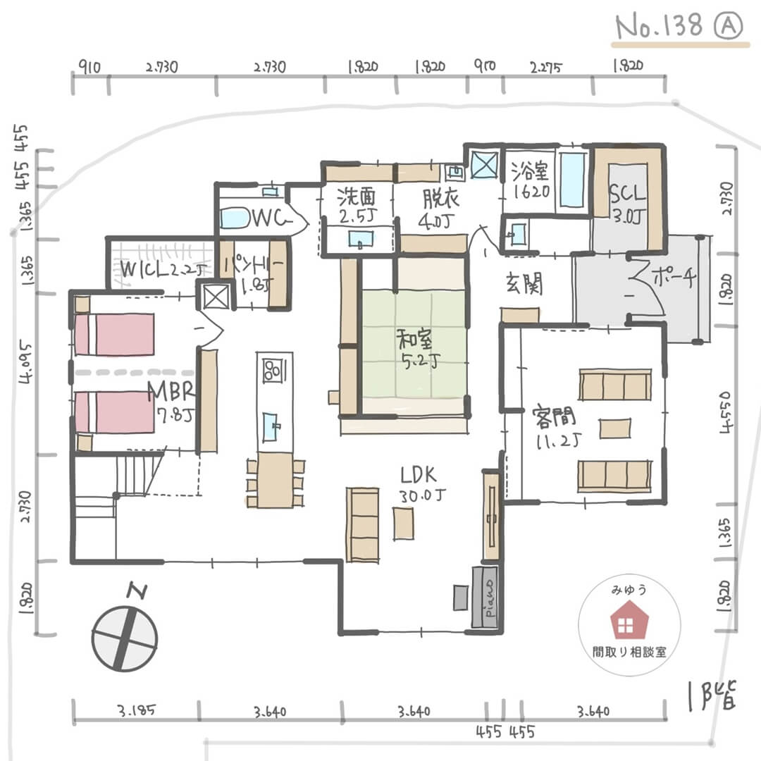 玄関土間から直に入れる客間がある間取り【65坪5LDK2階建】No.138A | みゆう間取り相談室