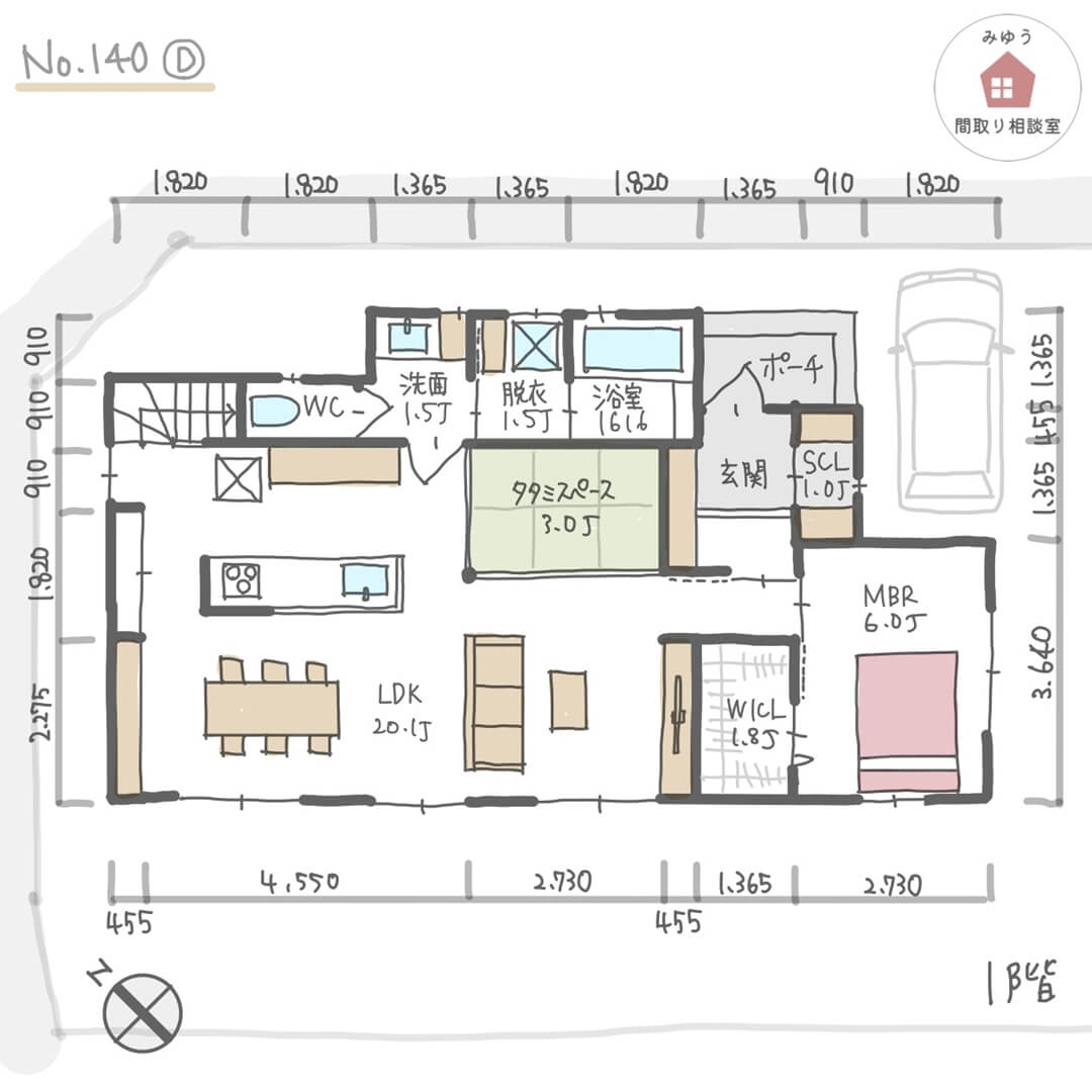 畳スペースのあるLDKが開放感ある、1階主寝室の間取り【30坪3LDK2階建】No.140D | みゆう間取り相談室