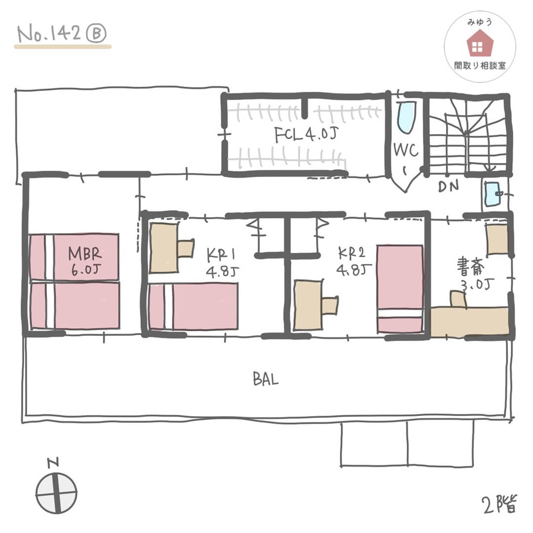 畳スペースと洋室がLDKに隣接している、趣味を楽しむ家の間取り【39坪5LDK2階建】No.142B | みゆう間取り相談室