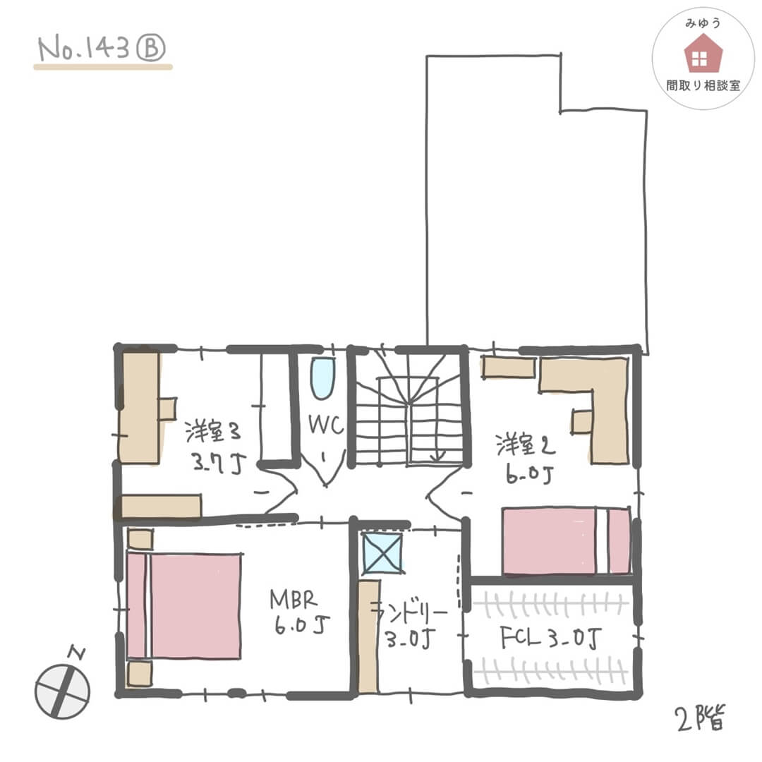 2階ランドリーでファミリークローゼットが隣り合う夫婦二人のための家事ラク間取り【30坪4LDK2階建】No.143B | みゆう間取り相談室