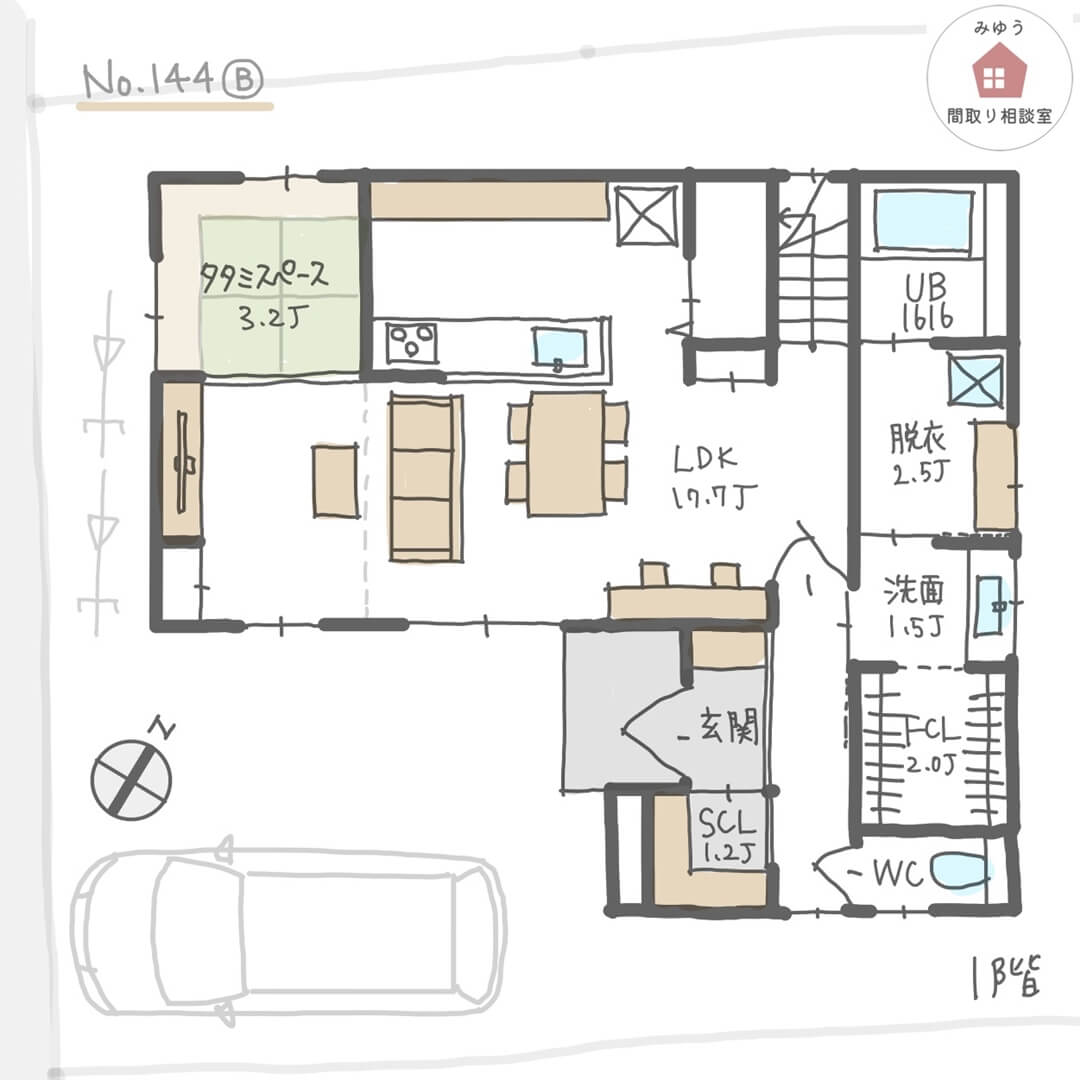 夫婦それぞれの書斎があり、開放感ある場所とコンパクトな個室のメリハリがある間取り【32坪4LDK2階建】No.144B | みゆう間取り相談室