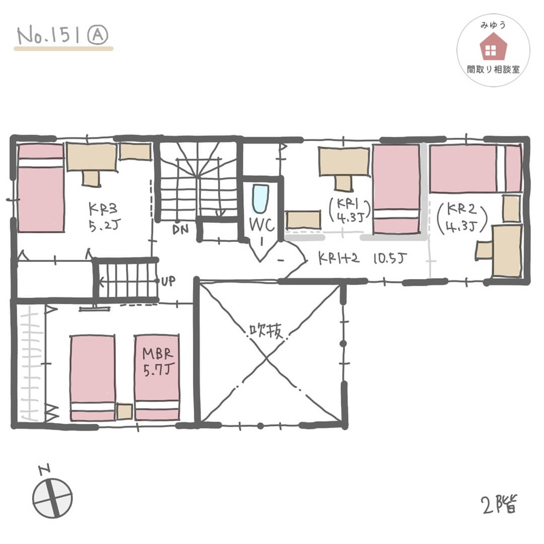 キッチンテーブル横並びでLDKから庭を眺められる間取り【32坪4LDK2階建】No.151A | みゆう間取り相談室