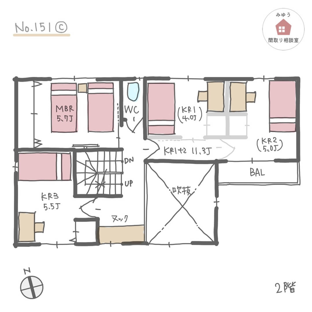 玄関・キッチン両方から洗面・脱衣・ファミクロの水回りに入れる回遊動線間取り【32坪4LDK2階建】No.151C | みゆう間取り相談室