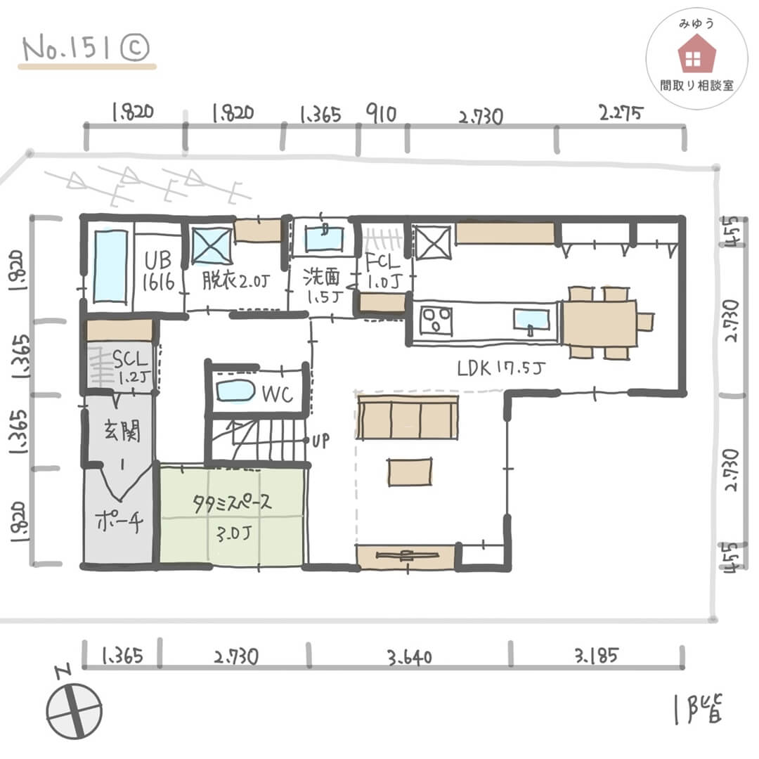 玄関・キッチン両方から洗面・脱衣・ファミクロの水回りに入れる回遊動線間取り【32坪4LDK2階建】No.151C | みゆう間取り相談室