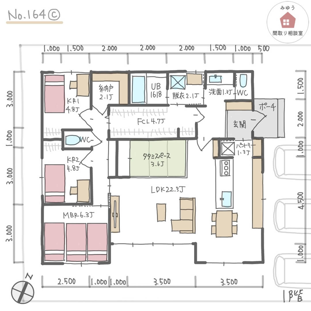 個室エリアとランドリールームの間にファミリークローゼットがある回遊動線の平屋間取り【32坪3LDK平屋建】No.164C | みゆう間取り相談室