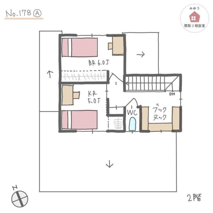 階段上に読書を楽しめるブックヌックがある間取り【27坪3LDK2階建】No.178A | みゆう間取り相談室