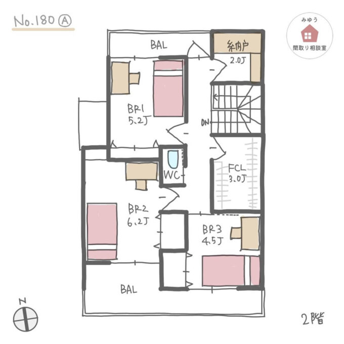 キッチンと丸テーブル横並びで、南側に日当たり良いリビングダイニングがある間取り【30坪3LDK2階建】No.180A | みゆう間取り相談室