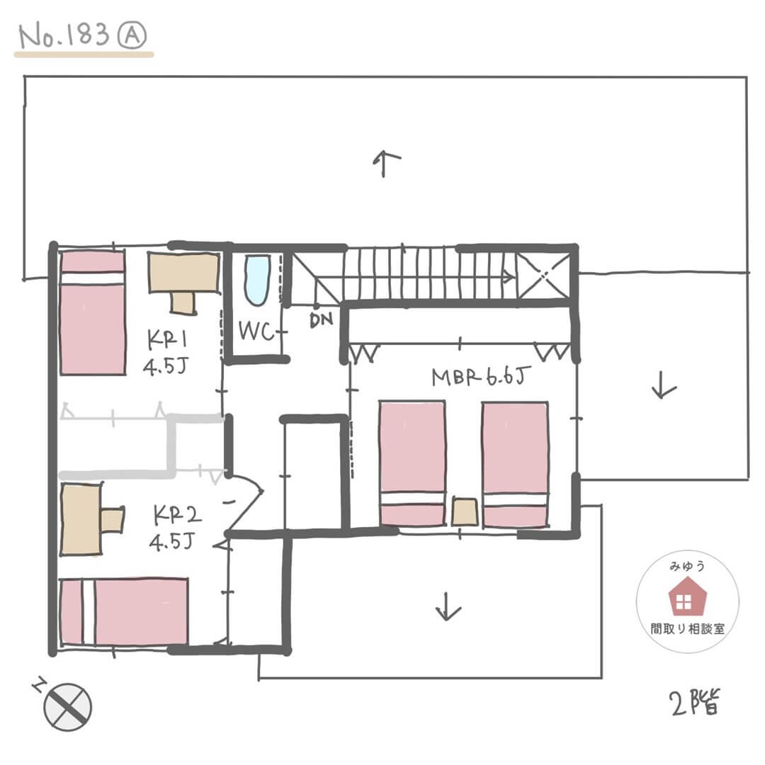 リビングダイニングとウッドデッキが繋がる広々LDK間取り【35坪3LDK2階建】No.183A | みゆう間取り相談室