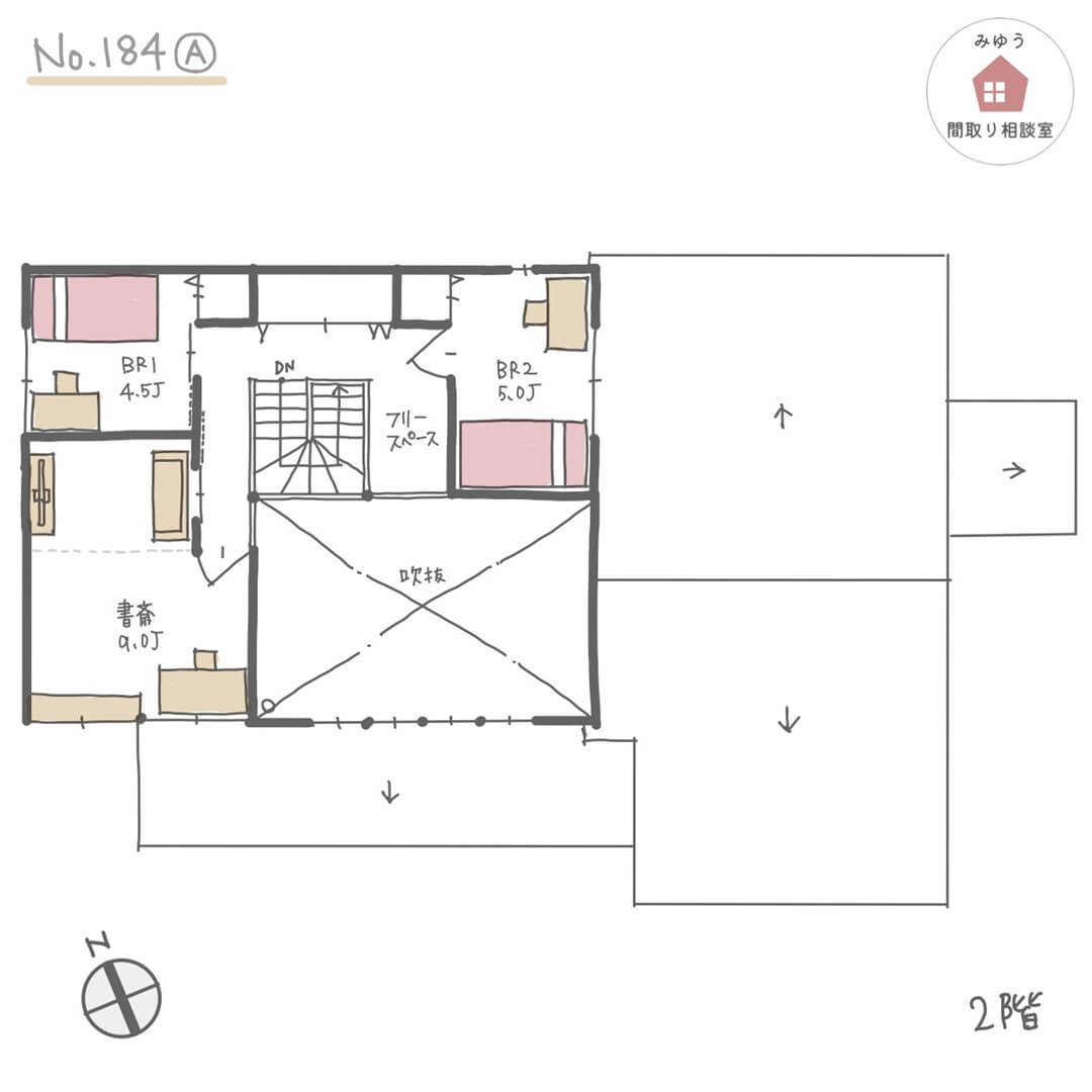 広い吹抜けリビングがある犬との暮らしを楽しむ間取り【49坪5LDK2階建】No.184A | みゆう間取り相談室