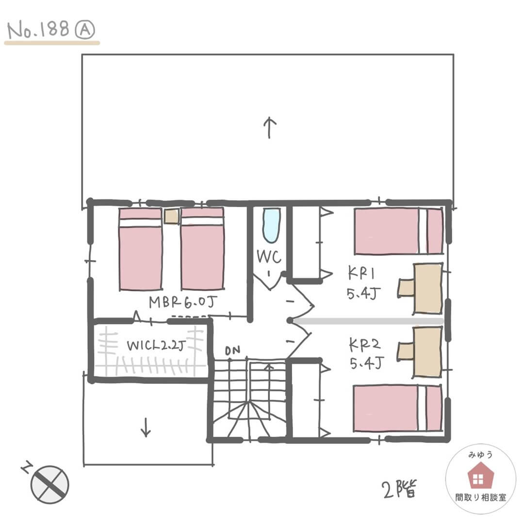 LDK直線配置でダイニングからファミリークローゼット経由で水回りに入れる回遊動線間取り【33坪4LDK2階建】No.188A | みゆう間取り相談室