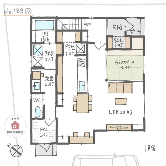 キッチンテーブル横並びでリビングと畳スペースが隣り合う間取り【33坪4LDK2階建】No.188C | みゆう間取り相談室