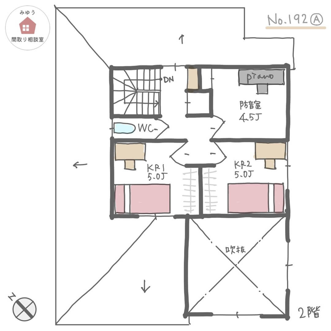 南側に吹抜けのあるLDK直線配置で、1階に主寝室があるほぼ平屋間取り【35坪4LDK2階建】No.192A | みゆう間取り相談室