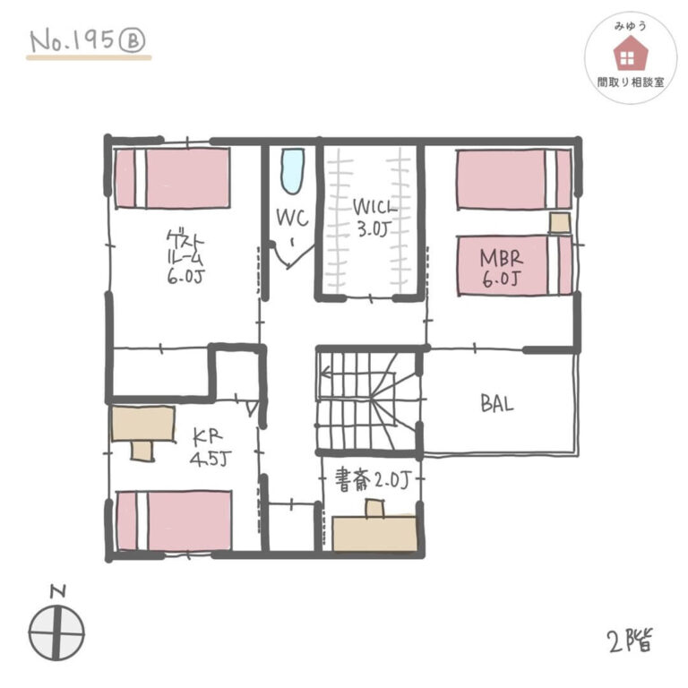 廊下からもキッチンからも広めの洗面所に入れる回遊動線間取り【31坪3LDK2階建】No.195B | みゆう間取り相談室
