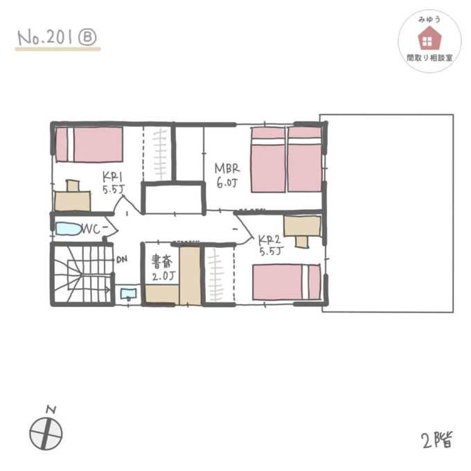 東西に細長く、洗面脱衣別ファミリークローゼットがある水回りが直線配置の間取り【33坪3LDK2階建】No.201B | みゆう間取り相談室