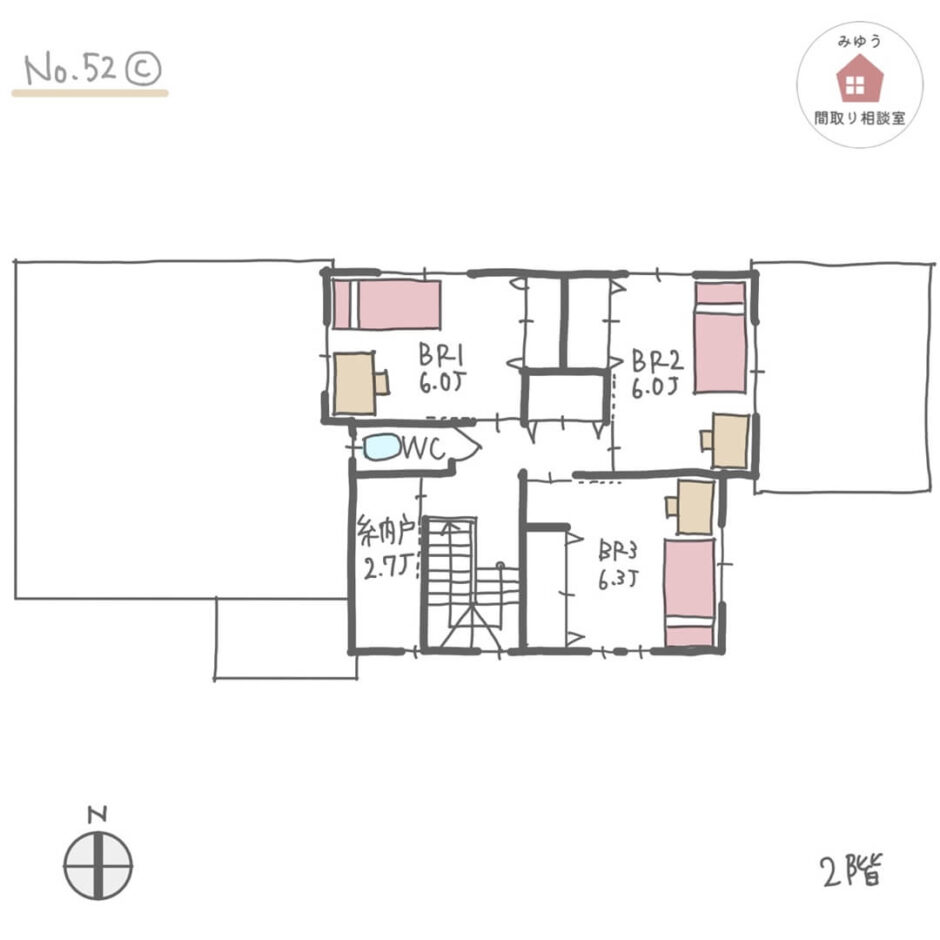 2階は子供部屋3室で、1階に水回りと主寝室があるほぼ平屋間取り【44坪5LDK2階建】No.52C | みゆう間取り相談室