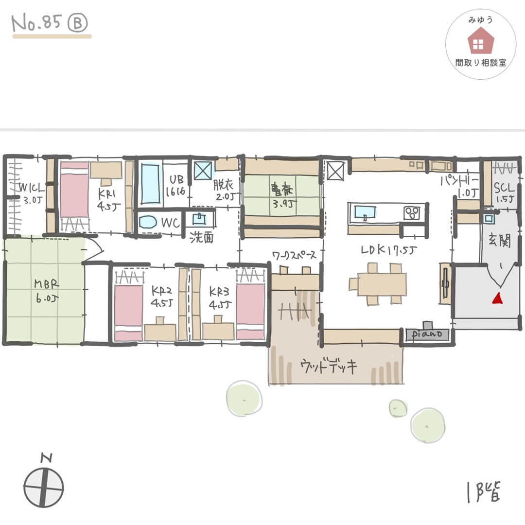 キッチンと脱衣室の間に小上がりの畳スペース・書斎がある間取り【31坪4LDK平屋建】No.85B | みゆう間取り相談室