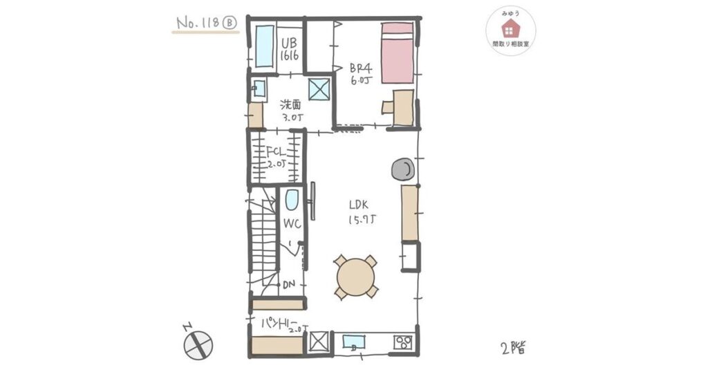 1階にドッグルームと主寝室、2階にリビングと水回りがある総二階の間取り【36坪5LDK2階建】No.118B | みゆう間取り相談室