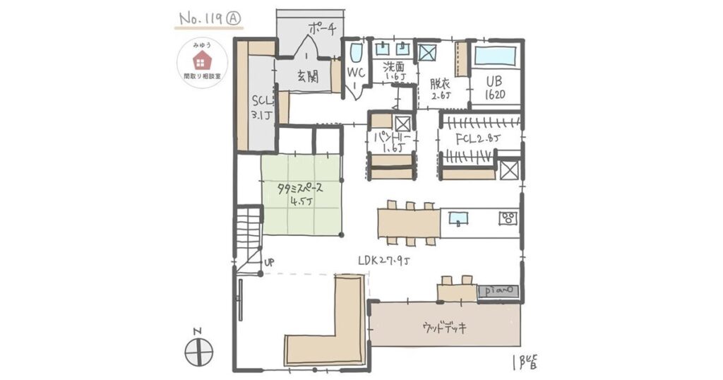 広い吹抜けリビングがあり、水回りの間に収納が集中している家事ラク回遊動線間取り【53坪5LDK2階建】No.119A | みゆう間取り相談室